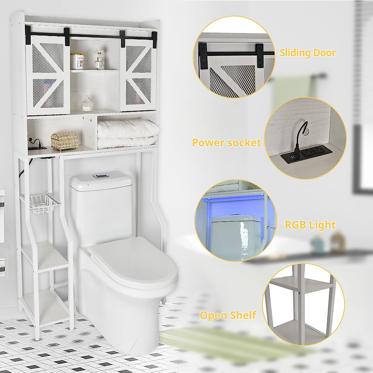 CHANFOK Over The Toilet Storage Cabinet, Storage Cabinet Over Toilet with 2 Barn Door and Toilet Paper Holder Stand,RGB Light Strip,Home Space-Saving Toilet Rack, for Bathroom, Restroom, Laundry