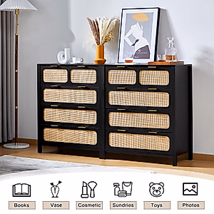 QEIUZON 4 Drawer Dresser, Modern Rattan Dresser Chest with Wide Drawers and Metal Handles, Farmhouse Wood Storage Chest of Drawers for Bedroom, Living Room, Hallway, Entryway (Black-4 Drawers-2 Packs)