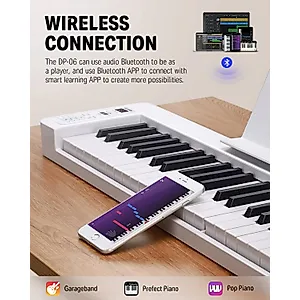 Donner 61-Key Folding Bluetooth Keyboard Piano for Beginners, Portable Piano Keyboard with Music Rest, Bag, Pedal, and App - White