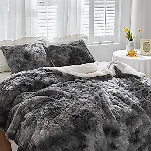 Shaggy Comforter Set Twin Size 2 Pieces Winter Faux Fur Comforter Set with 1 Pillowcases Ultra Soft and Easy Care Luxury Plush Warm Super Fleece Sherpa Bedding Set White with White with Black