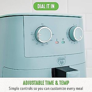 GreenLife 4.5QT Mechanical Air Fryer, PFAS-Free Ceramic Nonstick Crisper Drawer, Adjustable Temperature Timer Dial, LED Indicator, Easy Control, Dishwasher Safe, Compact Kitchen Essential, Blue Haze