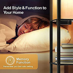 Outon Floor Lamp with Shelves, LED Column Modern Floor Lamp with USB Port & Power Outlet, Memory Function, Wood Standing Lamp with White Linen Texture Shade for Living Room, Bedroom, Office (Black)