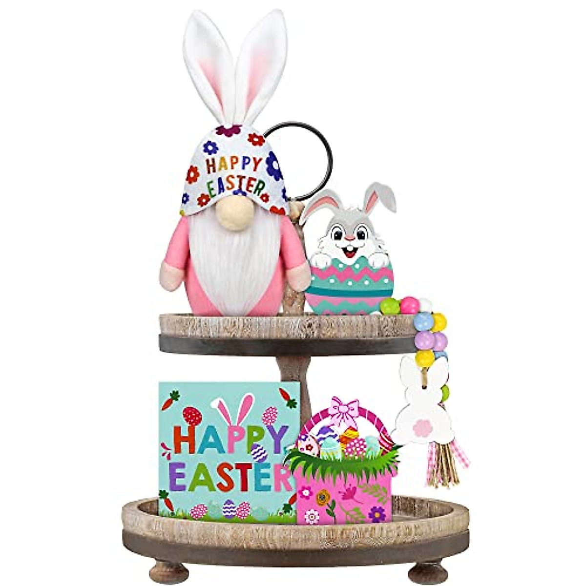 5 PCS Easter Gnome Tiered Tray Decor (Tray Not Included) - Gnomes Plush, Happy Easter Egg Mini Wood Sign, Wooden Bunny Bead Garland - Spring Easter Gift, Easter Day Party Decor for Home Kitchen