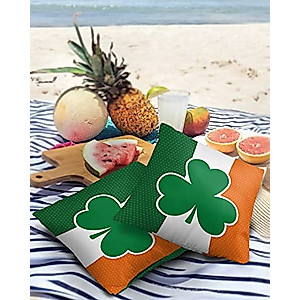 Vandarllin Outdoor Throw Pillows Covers 18X18 Set of 2 Waterproof Irish Flag Printed with Green Clover Leaf Decorative Zippered Lumbar Cushion Covers for Patio Furniture,