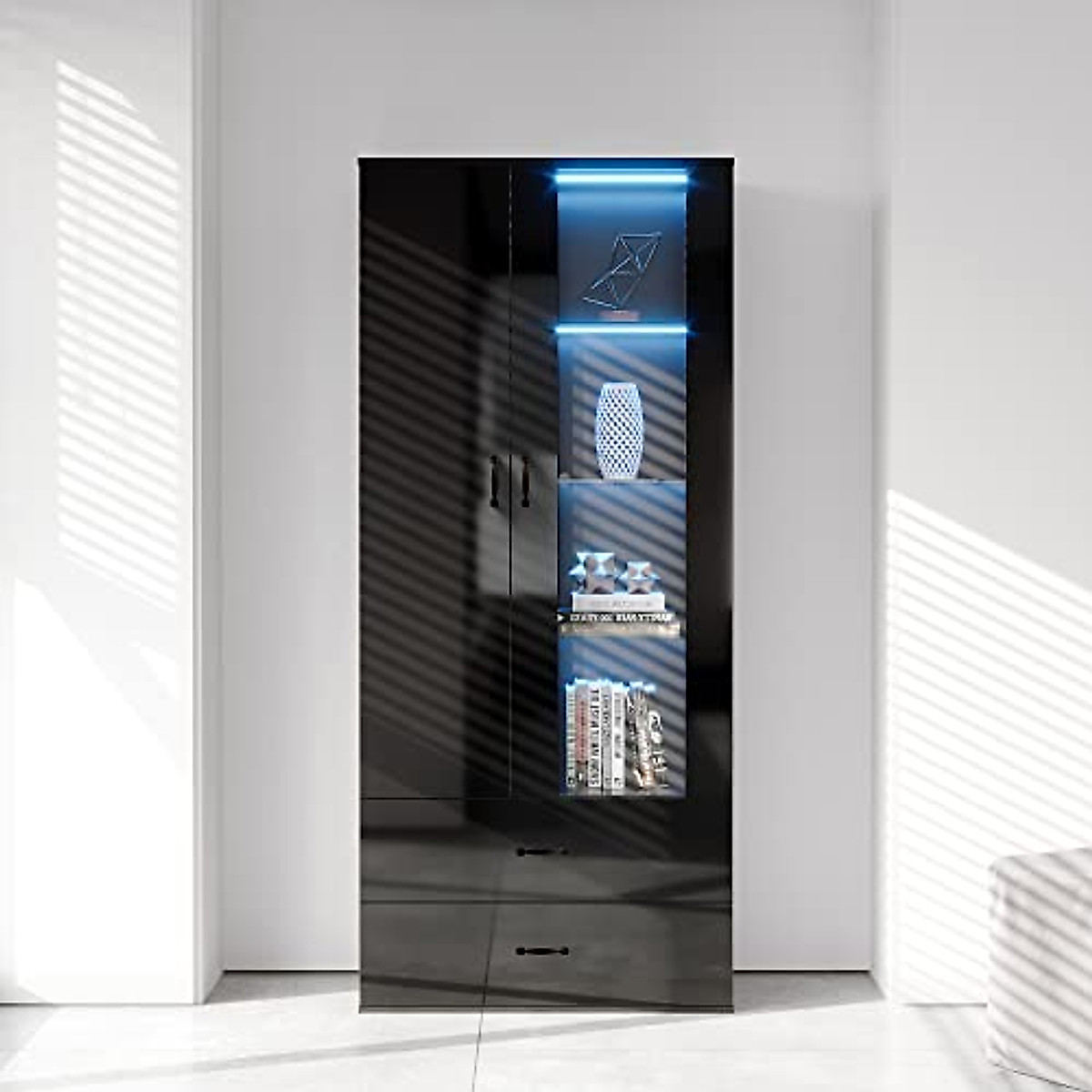 Goujxcy Tall Display Cabinet with Led Lights, Modern LED Display Cabinet LED Bookcase with Glass Shelf, Home Office Freestanding Curio Cabinet Display Rack Showcase Book Shelf for Home (C, Black)