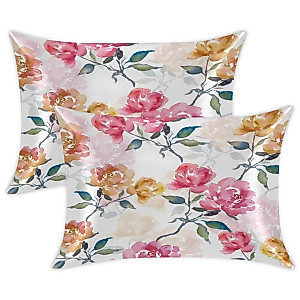 Flower Peony Satin Pillow Cases Silk Satin Pillowcase for Hair and Skin Standard Set of 2 Super Soft Silk Pillowcase with Envelope Closure (20x26 in)