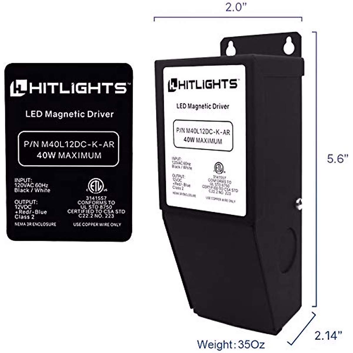 HitLights Dimmable LED Driver Transformer 12V 40W (3.3A), Magnetic Power Supply 120VAC to 12VDC, Compatible with Lutron and Leviton dimmers, for LED Strip Light, Kitchen, Cabinet, Class 2, ETL Listed