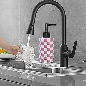 Bathroom Soap Dispenser with Matte Black Pump White Ceramic Soap Dispenser for Kitchen Checkerboard Empty Pump Bottle (Pink)