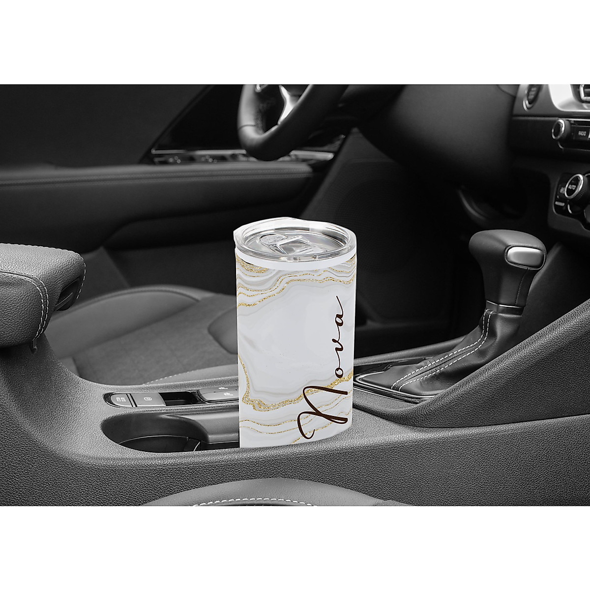 Elanze Designs Nova Name, White & Gold Glitter Marble Wrap-Around Design 20 Ounce Stainless Steel On-The-Go Coffee Travel Insulated Skinny Tumbler Mug Cup with Slide Top Lid