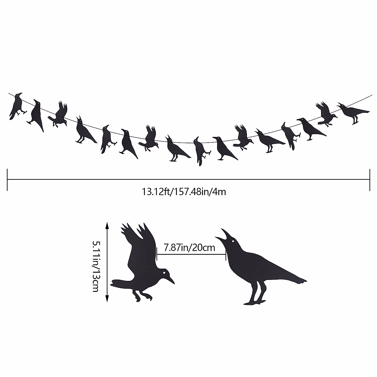 jiebor 4Pcs Halloween Paper Garland Banner Crow Streamers Hanging Ornaments Party Supplies for Halloween Party Home Classroom Office Door Wall Fireplace Decorations Black