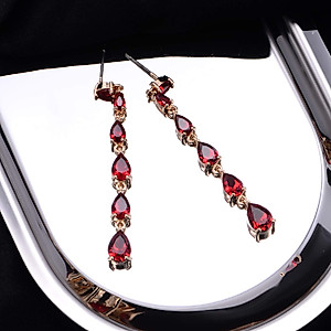 Red CZ Linear Earrings for Women Sterling Silver Teardrop Cubic Zirconia Crystal Rhinestone Bridal Dangle Drop Post Earrings for Wedding Prom Party