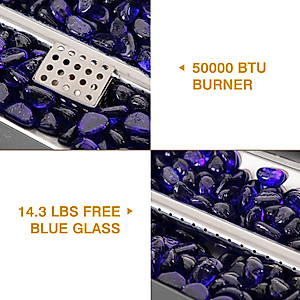 MFSTUDIO 56 Inch PE Rattan Gas Fire Pit Table,50000 BTU Rectangular Outdoor Propane Fire Pit Table with Waterproof Cover and Blue Stone for Patio Courtyard Balcony,Brown