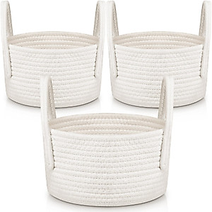 FillTouch 3 Pack Small Cotton Rope Storage Basket Baby Woven Nursery Baskets with Handles Cute Soft Laundry Baskets Organizer for Gifts Empty Room Shelf Storage Basket All 9.5 x 9.5 x 5.5, White