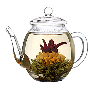 Creano Blooming Tea Gift Set with Glass Teapot 17oz (500ml) - Green Tea Fruity Flavoured Tea Flowers in 6 Varieties - Flowering Tea Gift for Easter