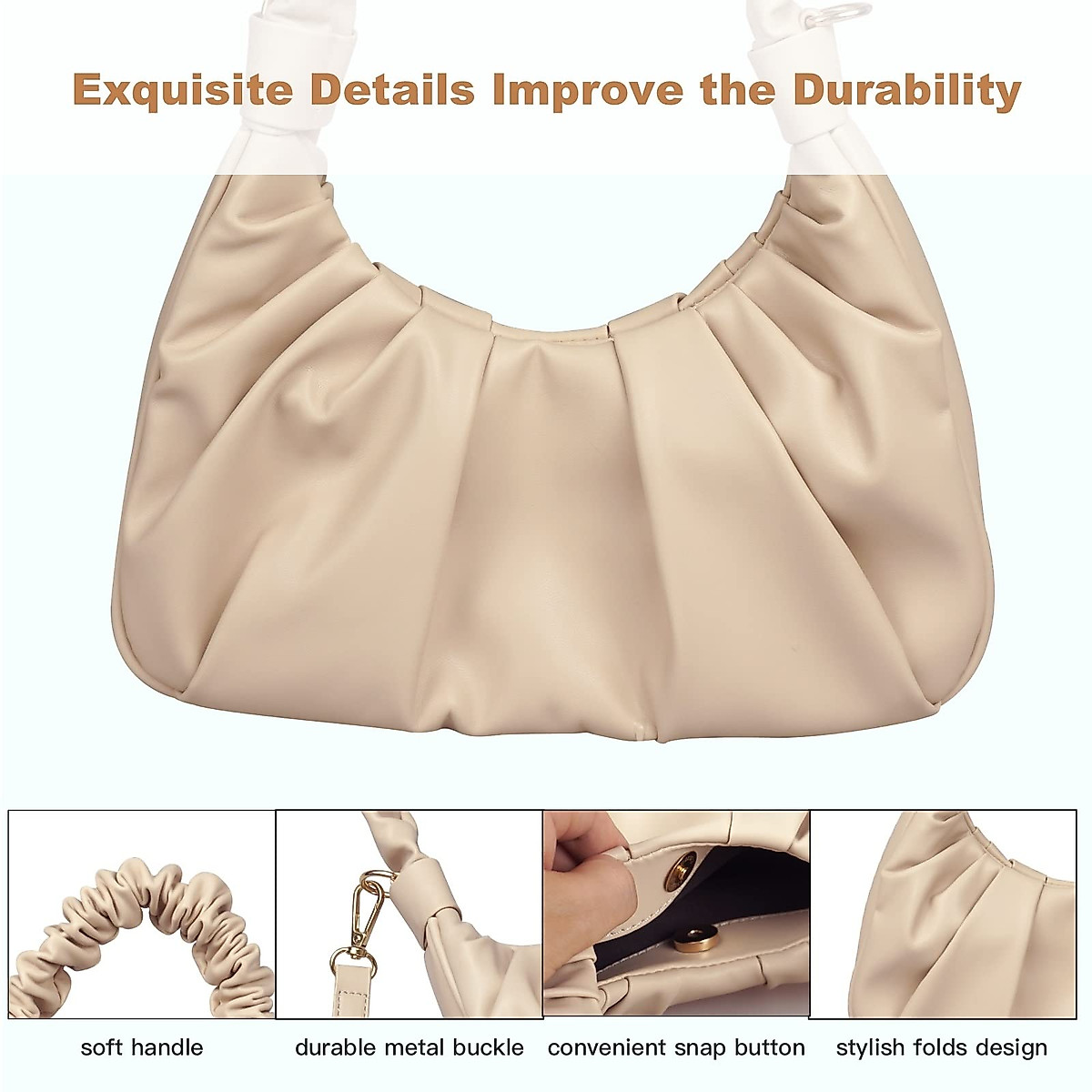 Classic Shoulder Bags for Women Cute Hobo Tote Mini Leather Handbag Clutch Purse Lightweight (Apricot)