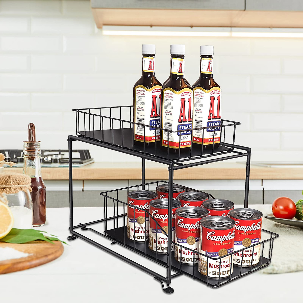 Pull Out Cabinet Organizer, 2 Tier Under Sink Organizers and Storage With Sliding Baskets, Stackable Iron Under Sink Storage for Kitchen, Bathroom, Cabinet, Countertop, Office and More, 1 Pack, Black