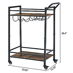 Tajsoon 2-Tier Mobile Bar Serving Cart, Industrial Style Beverage Cart with Wine Rack and Glass Holder, Rolling Drink Trolley for Kitchen, Living Room, Rustic Brown