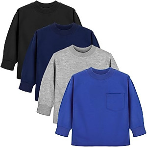 Cooraby 4 Pack Toddler Boys Long-Sleeve Shirts with Pocket Crewneck Pullover Sweatshirt Thermal Solid Long Sleeve Cotton Top