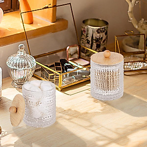 Tonxus Bathroom Qtip Holder Set,Glass Apothecary Jars with Lids,Bamboo Cotton Ball Holder,Clear Cotton Swab Holder,Bathroom Vanity Storage Organizer Jars for Round,Bath Salts,Candy,Jewelry (Nail)