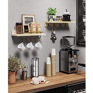 Wood Floating Shelves with Hooks, Wall Mounted Coat Rack with Shelf Set of 2, Bathroom Wall Shelf with Removable Towel Bar, Hanging Shelves with 9 Hooks for Kitchen Entryway Coffee Bar, Maple Wood