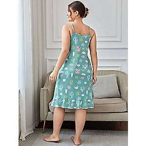 Floerns Women's Cute Printed Plus Size Nightgown Ruffle Hem Cami Sleepwear Loungewear Green 5XL