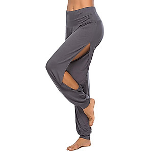 AvaCostume Womens Harem Yoga Pants Side Slit Sport Workout Sweatpants Darkgrey XL