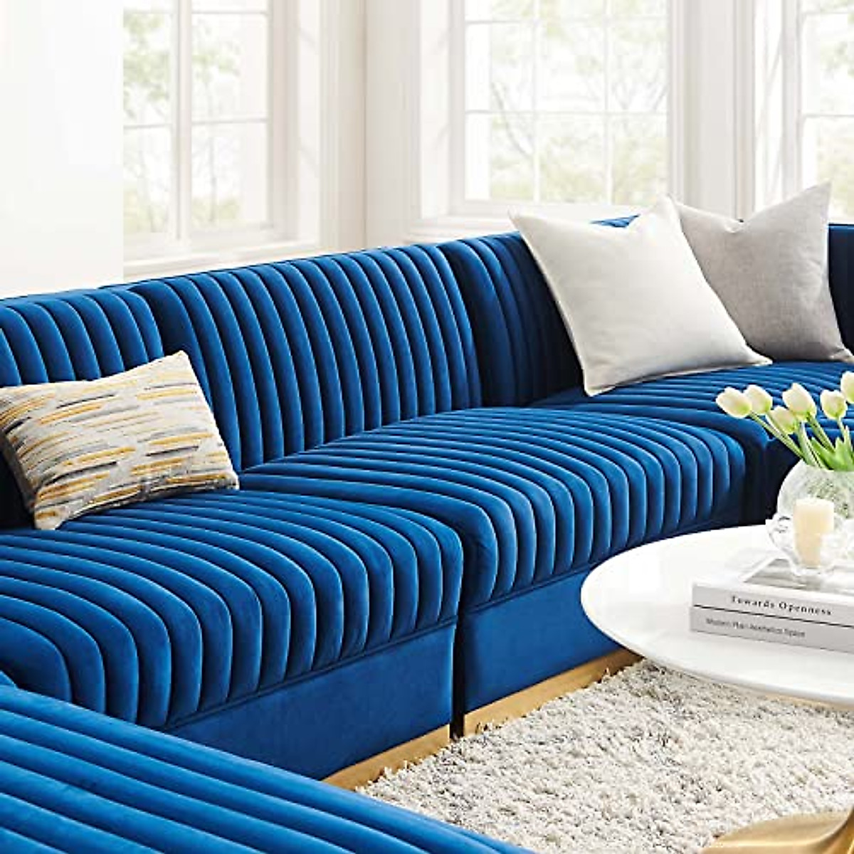 Modway Sanguine Channel Tufted Performance Velvet Modular Sectional Sofa, 6-Piece Set, Navy