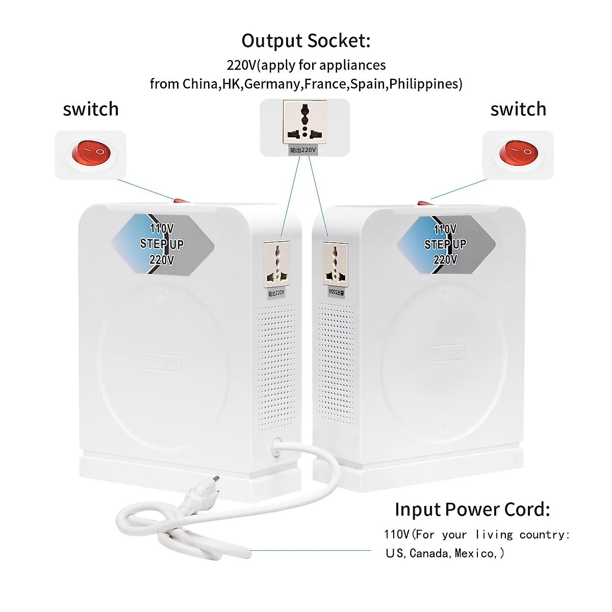 110v to 220v Step up Converter watts with 220V Output for Using and China Appliance in Europe Quantity (2000W)