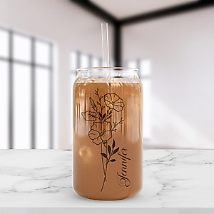 Iced Coffee Glass Cup with Bamboo Lid and Straw - Personalized Birth Month Flower and Name - Gift for Her Birthday, Mothers Day Gift, Christmas, Bridesmaid Gift Ideas