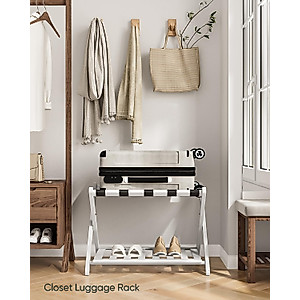 Smart FENDEE Fully Assembled White Bamboo Luggage Rack, 5 Straps Folding Suitcase Stand with Shoe Shelf, Heavy Duty Wood Large Luggage Holders for Guest Room, Bedroom, Hotel