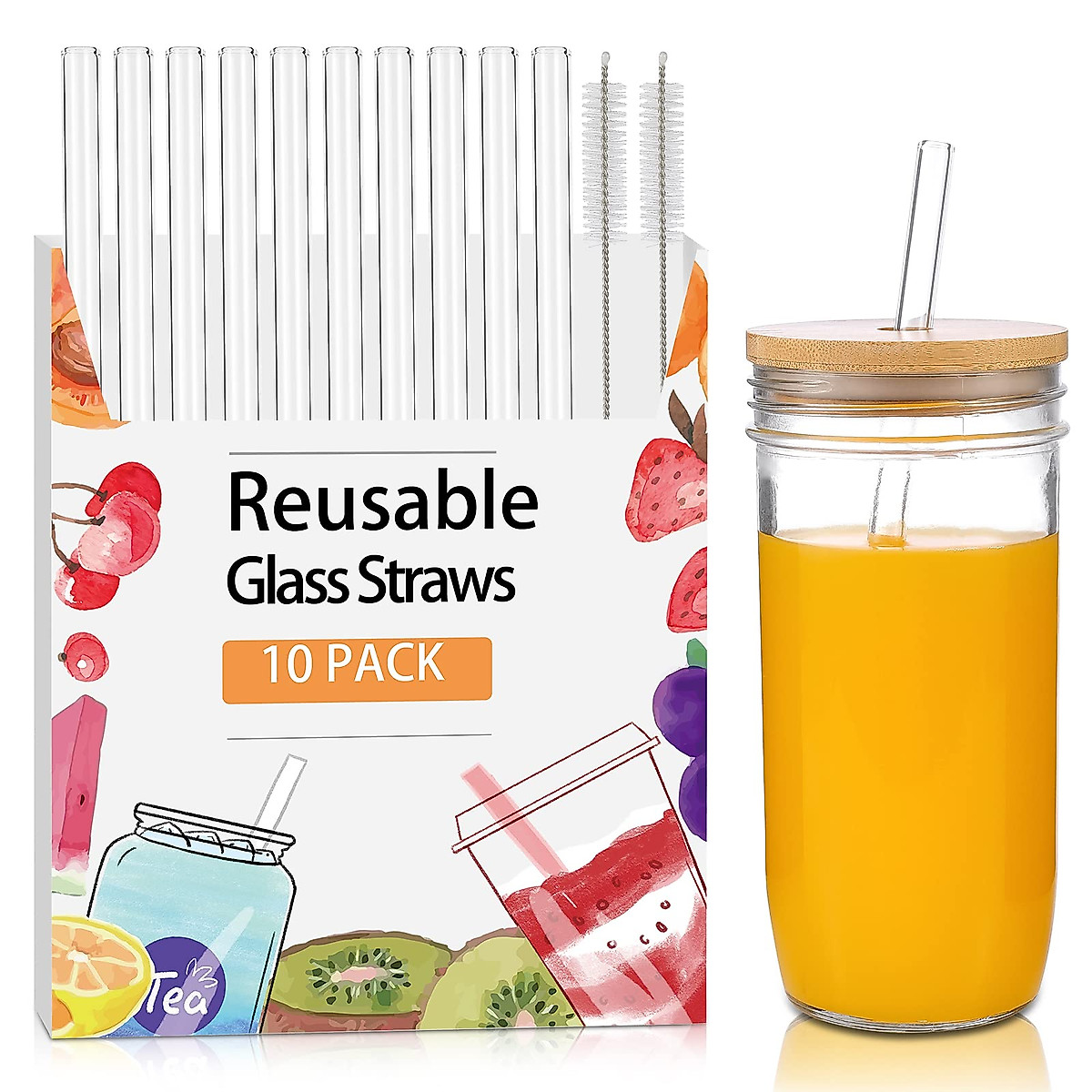 [10 Pcs] Reusable Glass Straws Shatter Resistant - 9" x 10 mm Eco Friendly Clear Drinking Reusable Straws With 2 Cleaning Brushes for Coffee,Milkshakes,Juice Drinks
