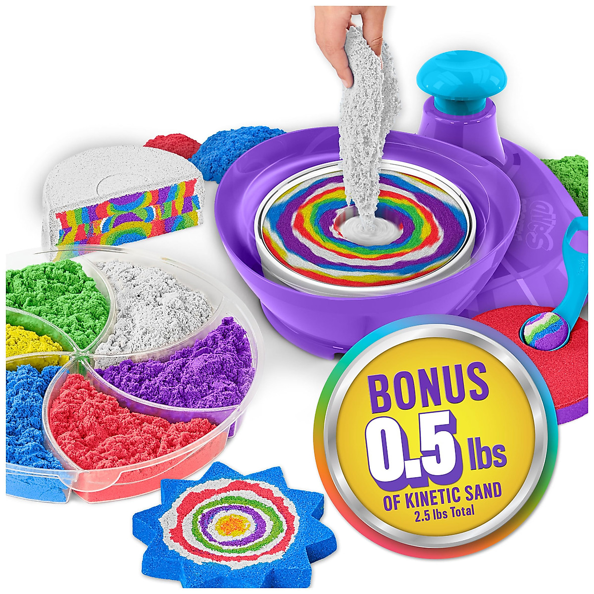 Kinetic Sand, Deluxe Swirl N’ Surprise Playset with 2.5lbs Play Sand (Red, Blue, Green, Yellow, White & Purple), 4 Tools, Sensory Toys for Kids