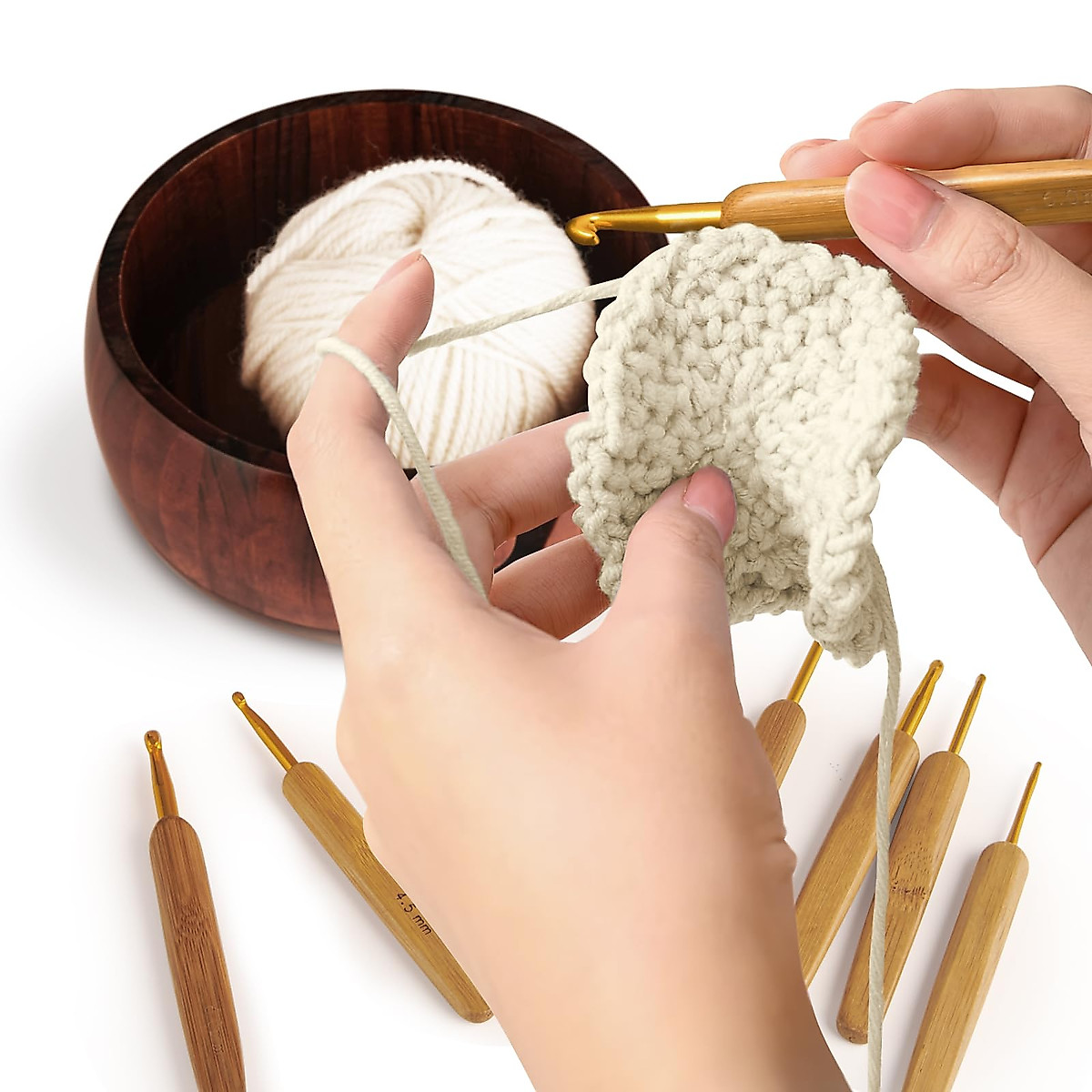 Wooden Yarn Bowl Holder, Craft Knitting Bowl with 8pcs Metal Crochet Hooks, 7.9''Large Yarn Holder Dispenser Yarn Storage Bowls, for Knitters & Crocheters (Brown 7.9 inch)