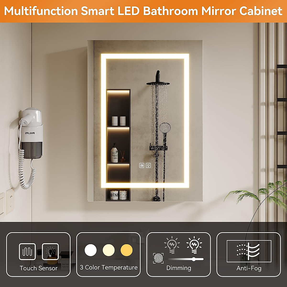 AOOCOW Bathroom Medicine Cabinet with Lights, 20 x 28 Inches LED Mirror Medicine Cabinet, Defogger,3-Color Temp, Black Aluminum Lighted Medicine Cabinet, Surface Mount