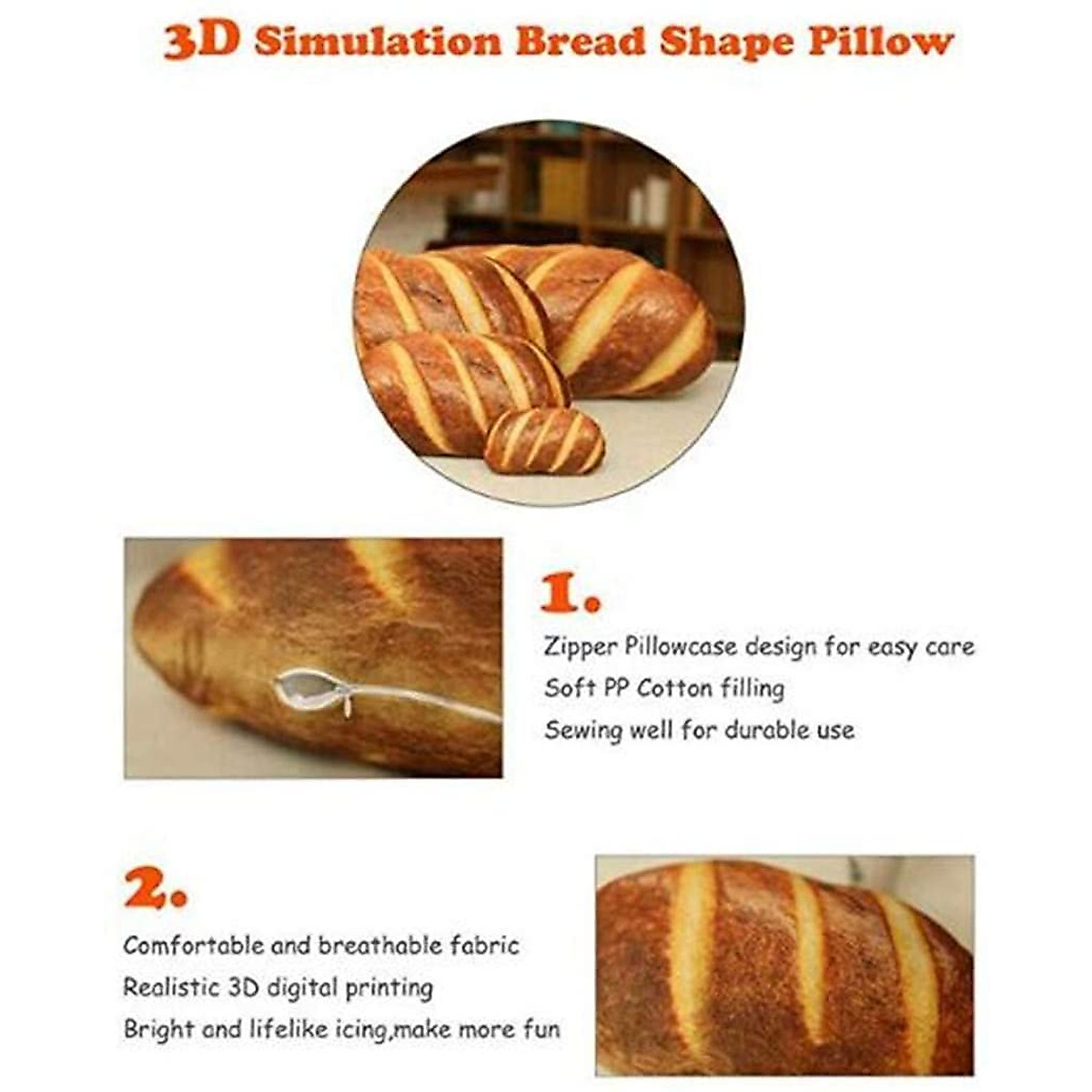 Gecter 3D Simulation Bread Shape Pillow Soft Lumbar Baguette Back Cushion Funny Food Plush Stuffed Toy for Animal Cat Dog Lovers Home Decor (Bread 60)
