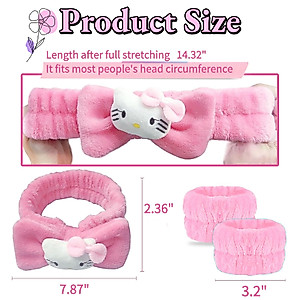 Frumiwca Skincare Headband Spa Headband and Wristband Set for Washing Face Kawaii Kitty Pink Cute Bubble Makeup Headband Kit for Women Knotted Bow Kawaii Skin Care Accessories (3PCS, Pink)