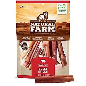 Natural Farm Odor Free Bully Sticks (4 Inch, 10 Pack) for Small & Medium Dogs - 100% Beef Chews for Pups, Non-GMO, Grain-Free, Fully Digestible Long Lasting Dog Treats
