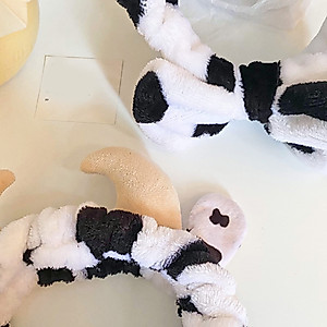 JTQXX Plush Hairhoop - Spa Headband Spotted Cow Horn Bow Shape Hair Band Women Facial Makeup Head Hoop Soft Head Wraps for Shower Washing Face