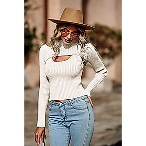 PRETTYGARDEN Women's 2023 Fashion Fall Clothes 2 Piece Cutout Tops Long Sleeve Mock Neck Rib Knit Winter Pullover Sweater (Beige White,Small)