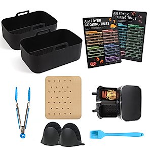 CUTIECLUB 2pcs Silicone Pot and 100pcs Disposable Liners Paper Set for Ninja DualZone XL/Dual Air Fryer, Rectangle Basket with Finger Holder and Clip