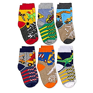 Jefferies Socks Boy's Dinosaur Construction Crew Socks 6 Pack, Multi, Small