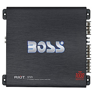 BOSS Audio Systems R2504 Riot Series Car Audio Stereo Subwoofer Amplifier - 1000 High Output, 4 Channel, Class A/B, 2/4 Ohm, High/Low Level Inputs, High/Low Pass Crossover, Bridgeable, Full Range