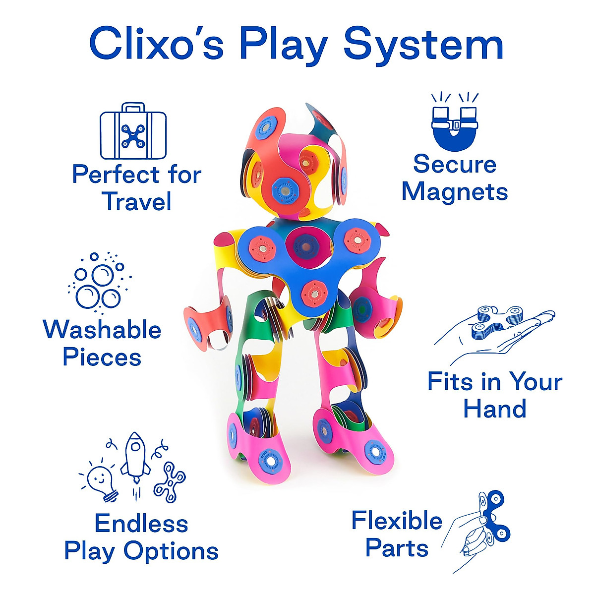 Clixo Rainbow 42 Piece Pack - Flexible, Durable, Imagination-Boosting Magnetic Building Toy- Modern, Modular Designs for Hours of STEM Play. A Multi-Sensory Magnet Toy, Travel Friendly. Ages 4-99
