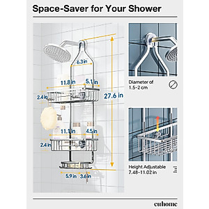 Adjustable Shower Caddy Hanging, EUHOME Never Rust Shower Organizer, Aluminum 3-Tier Large Capacity Shower Caddy Over Showerhead with Hooks, Soap/Razor Holder