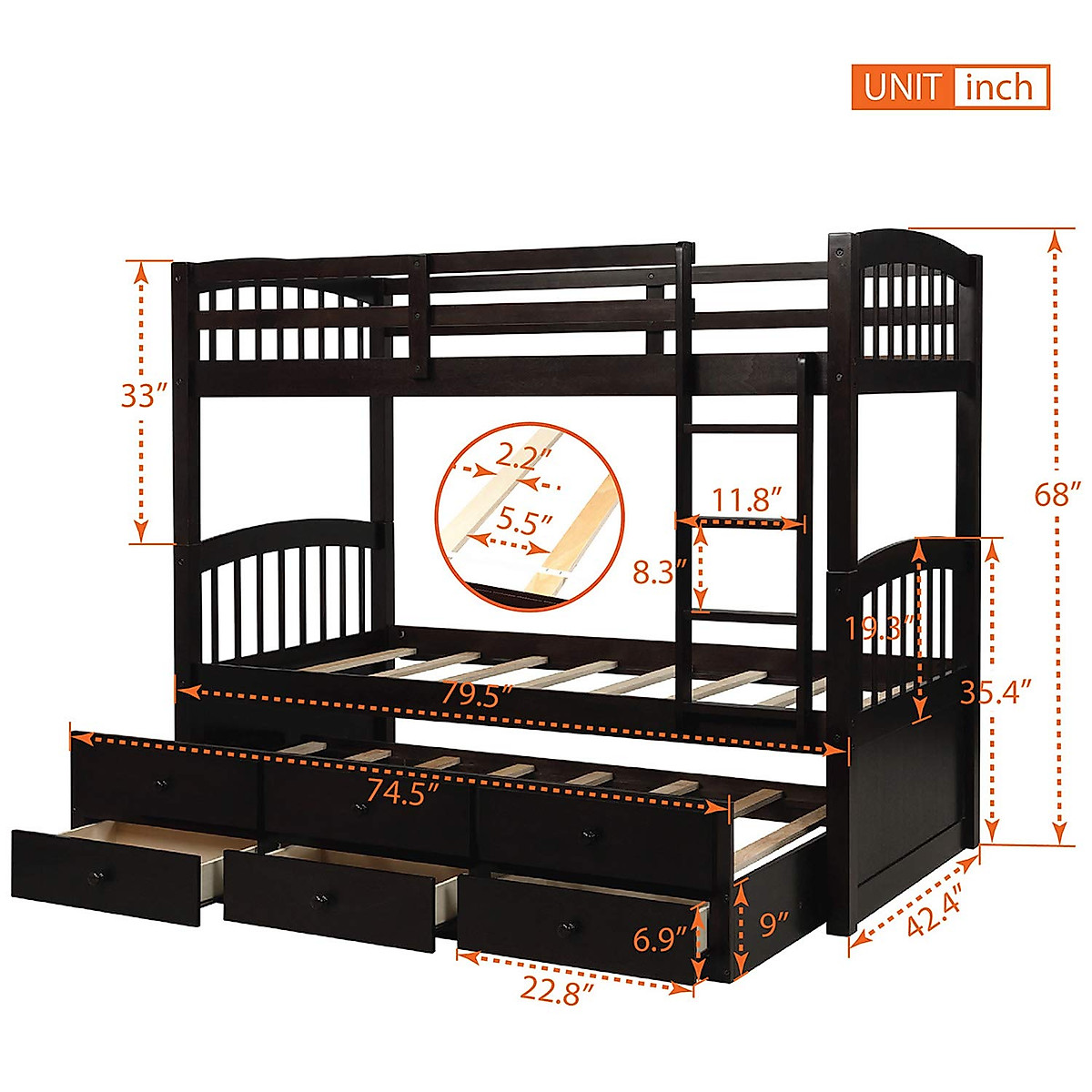 P PURLOVE Twin Over Twin Bunk Bed with Ladder, Wood Bunk Bed Frame with Wooden Slat Support, No Box Spring Needed (Espresso)