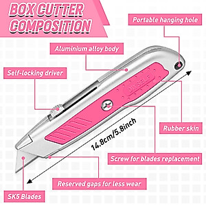 DIYSELF 2 Pack Box Cutter, Aluminum Utility Knife, Box Cutter Retractable, Sturdy Razor Knife for Cardboard, Boxes, Packages, Papers, Cartons, Box Cutter Knife, Navajas de Trabajo, Pink Knife