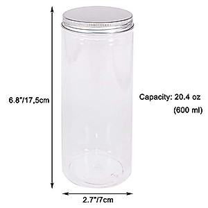 zmybcpack 8 Pack 20 oz (600 ml) Clear Straight Cylinders Plastic Storage Jars- Wide Opening Tubs with Aluminum Lids - BPA Free PET Container Home & Kitchen Storage of Dry Goods, Peanut, Candy