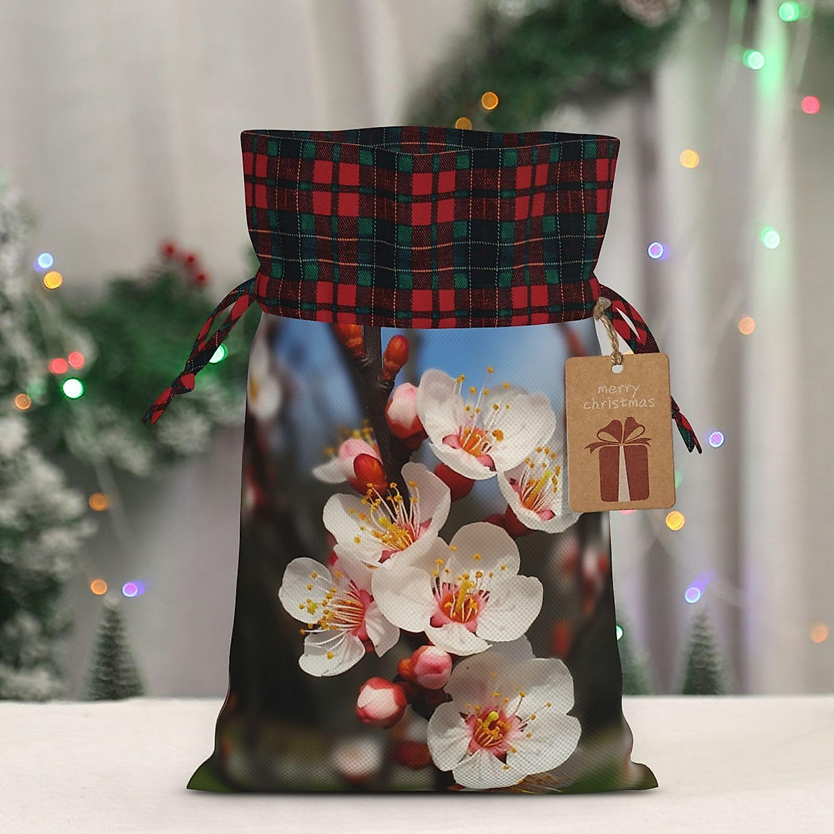 Christmas Gift Bags with Drawstring Burlap Gift Bags Apricot Flowers Christmas Linen Bags for Xmas Party Candy Bags with Cards Xmas Reusable Wrapping Bags Christmas Linen Treat Bags for Holiday