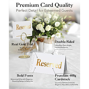 ElegaAura 20 Pack Reserved Table Signs - Gold Foil Reserved Seating Signs with Name Tag Line, Double Sided Table Place Cards for Wedding Chairs, Church Pews, Party, Restaurant, Tent Cards for Reserving Event Reception Seats & Places, 4x6 in Folded