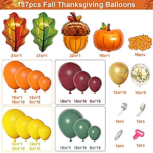 187Pcs Thanksgiving Balloons Garland Arch Kit, Thanksgiving Party Decorations Orange Yellow Burgundy Green Balloon Maple Leaves for Birthday Friendsgiving Little Pumpkin Baby Shower Party Supplies